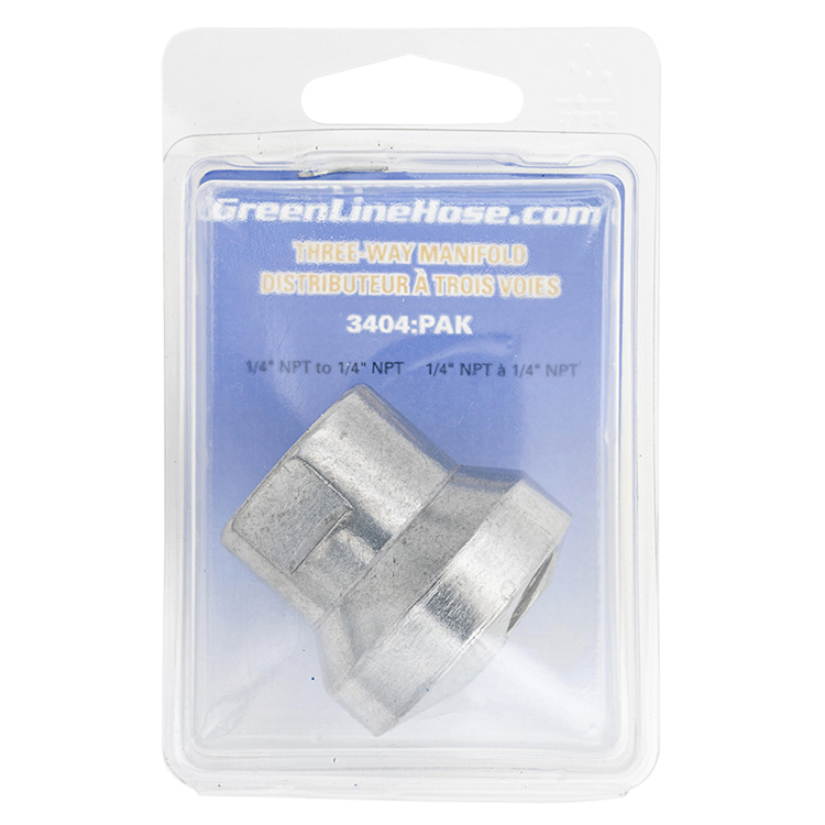 3404:PAK retail packaged 1/4" npt to 1/4" npt three-way manifold ...